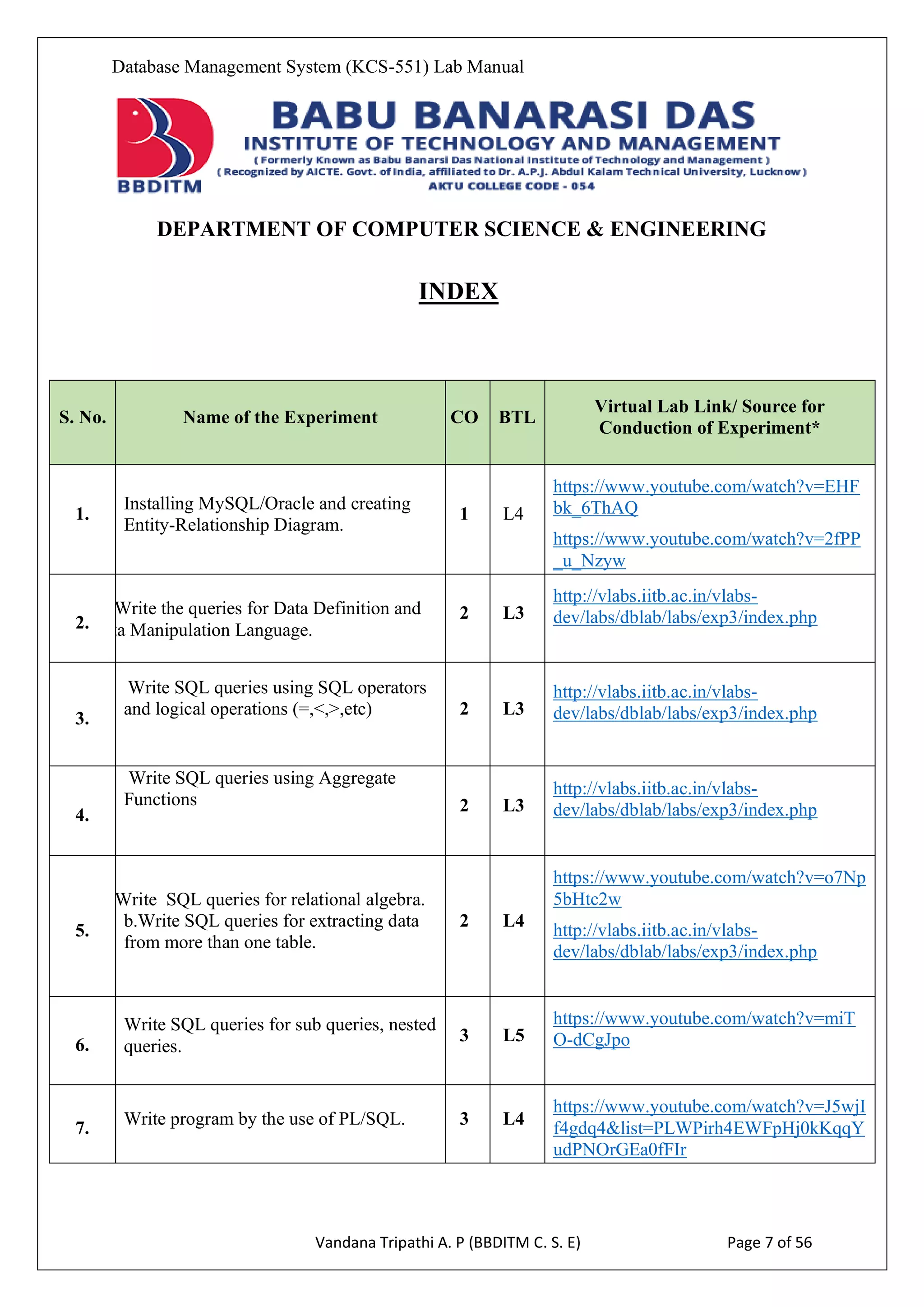 Data base management system LAB MANUAL KCS 551.pdf
