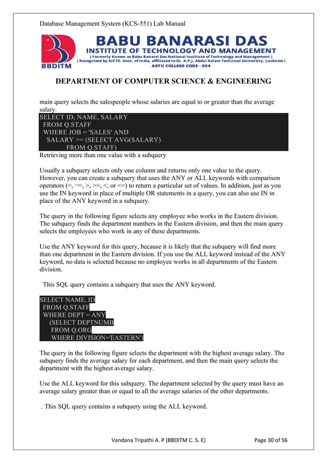 Data base management system LAB MANUAL KCS 551.pdf | Databases | Computer Software and Applications