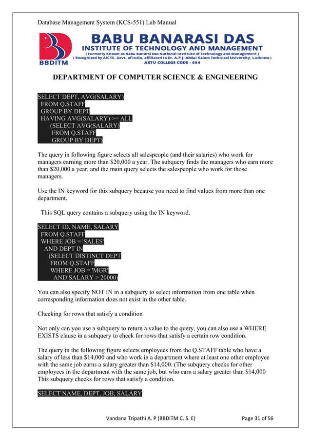 Data base management system LAB MANUAL KCS 551.pdf | Databases | Computer Software and Applications