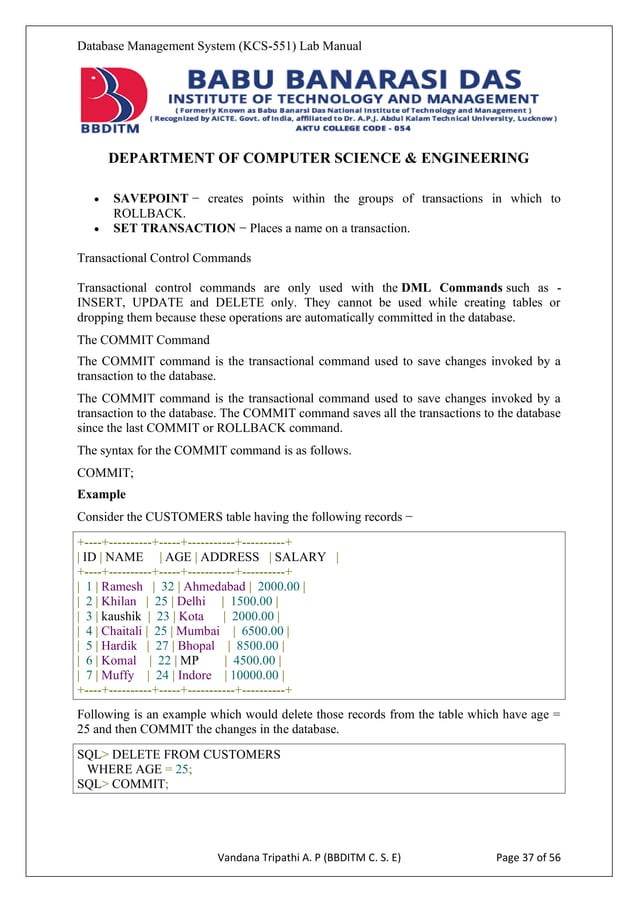 Data base management system LAB MANUAL KCS 551.pdf | Databases | Computer Software and Applications