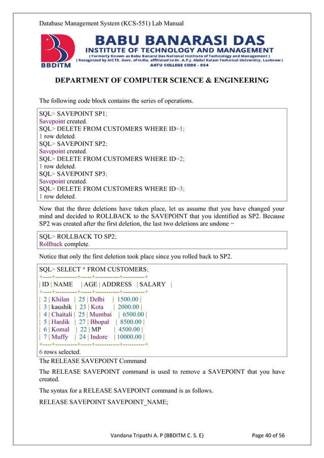 Data base management system LAB MANUAL KCS 551.pdf | Databases | Computer Software and Applications