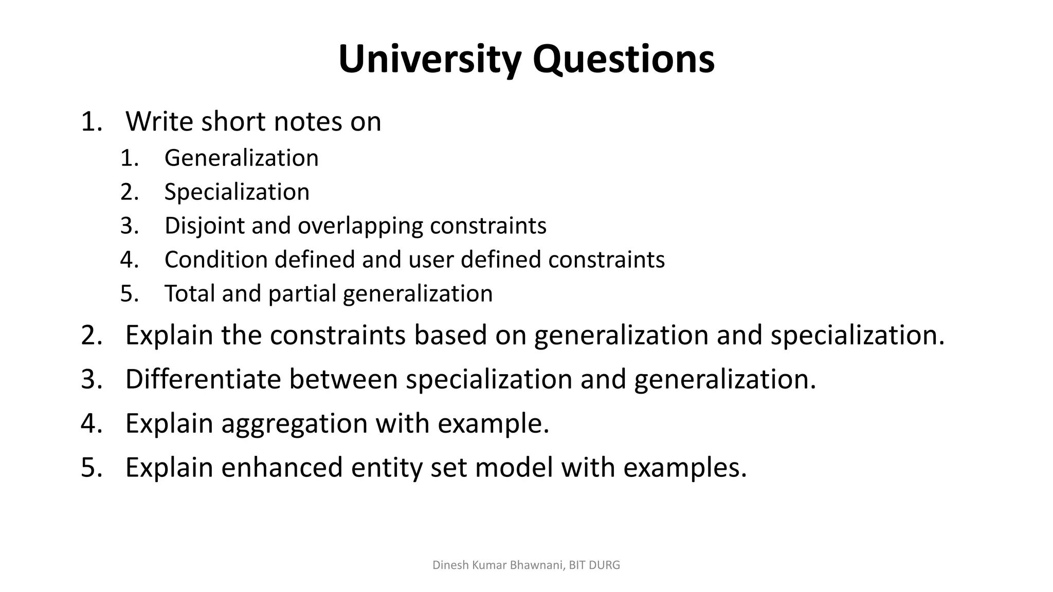 Dbms Notes Lecture 9 Specialization Generalization And Aggregation Pdf