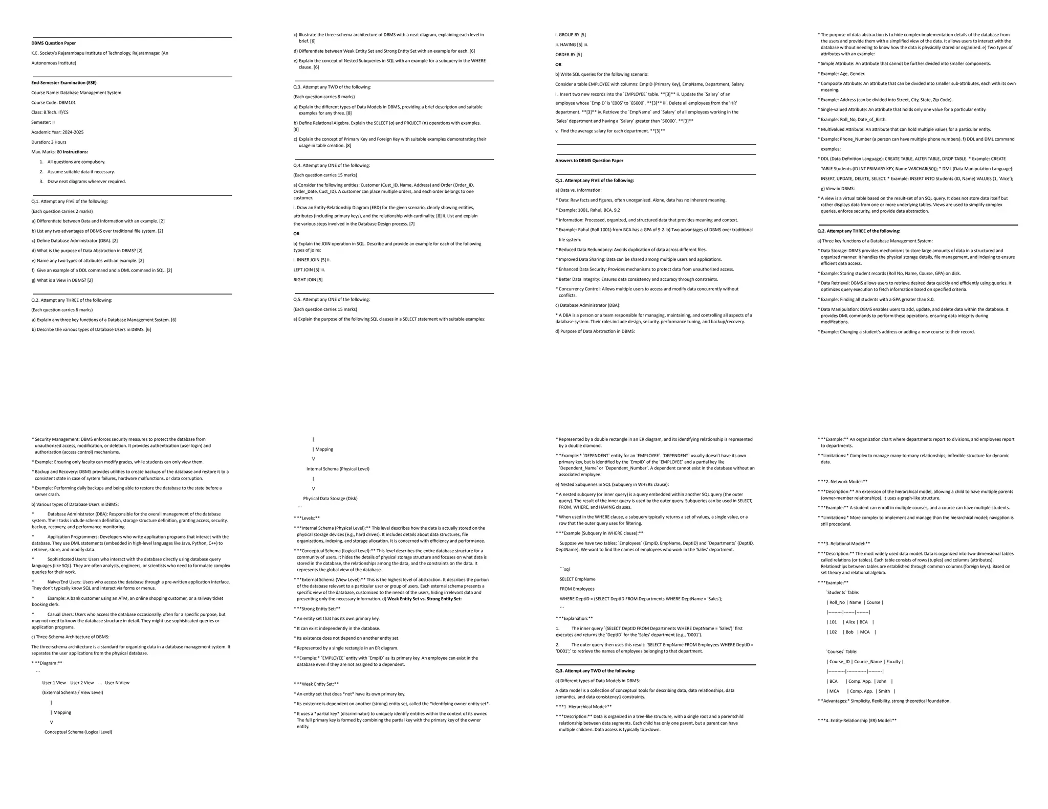 DBMS Important notes for education suggestion | PDF