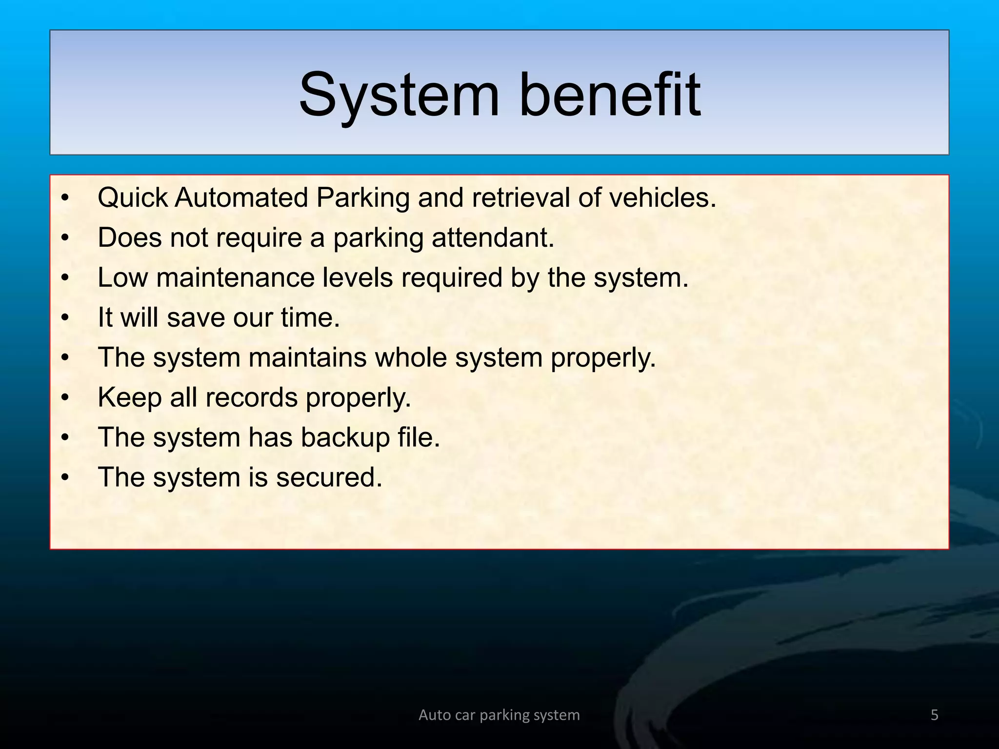 Dbms presentation of Automatic Car parking System | PPTX