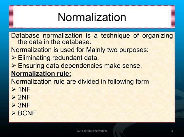 Dbms presentation of Automatic Car parking System