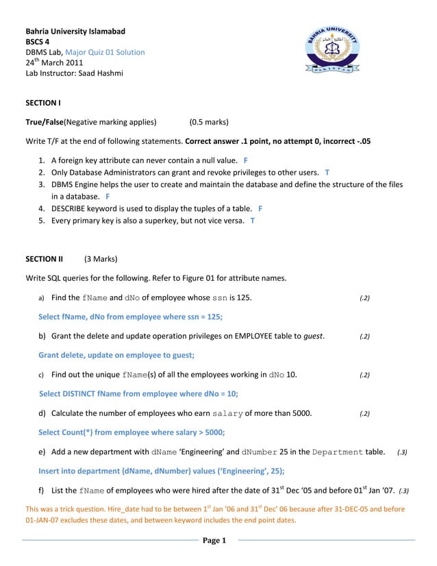 Dbms quiz 01 solution | PDF | Databases | Computer Software and ...