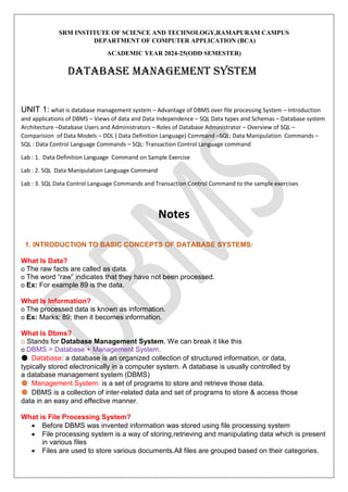 Database management systems notes for unit 1 | PDF