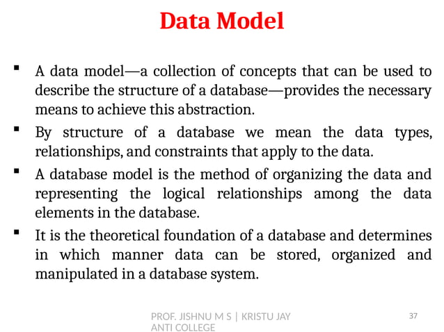 DATABASE MANAGEMENT SYSTEM UNIT 1 - Prof. JISHNU M S | PPT