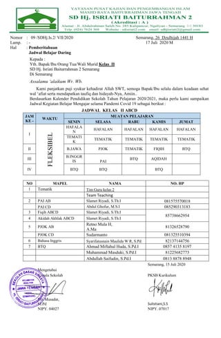 Pemberitahuan jadwal kelas_ii_ta_2020-2021 | PDF
