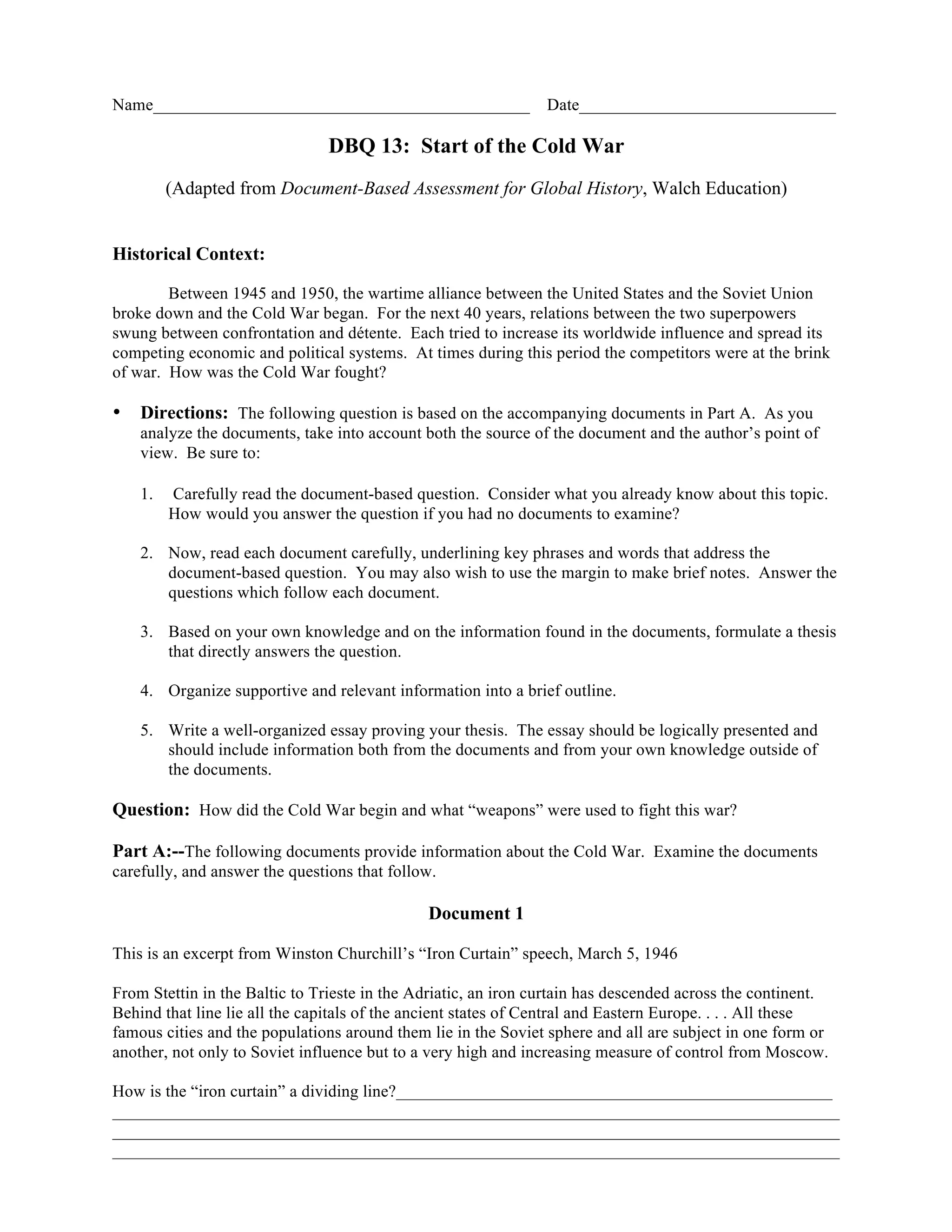 DBQ - Start of the Cold War Document Based Questions | PDF