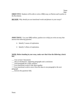 Dbq essay outline exploration | DOC