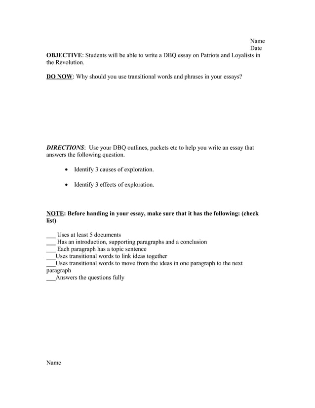 Dbq essay outline exploration | DOC