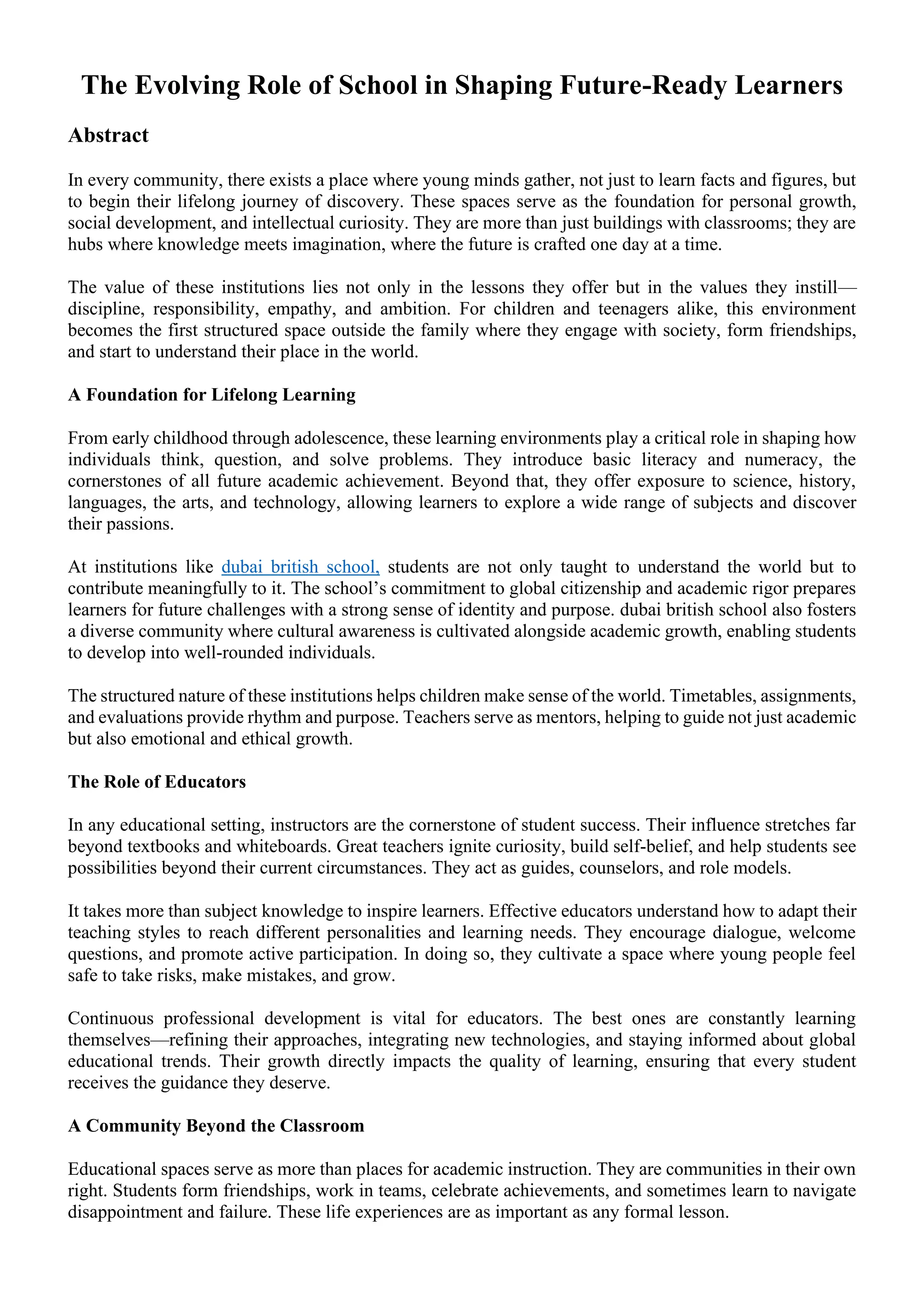 The Evolving Role of School in Shaping Future-Ready Learners | PDF
