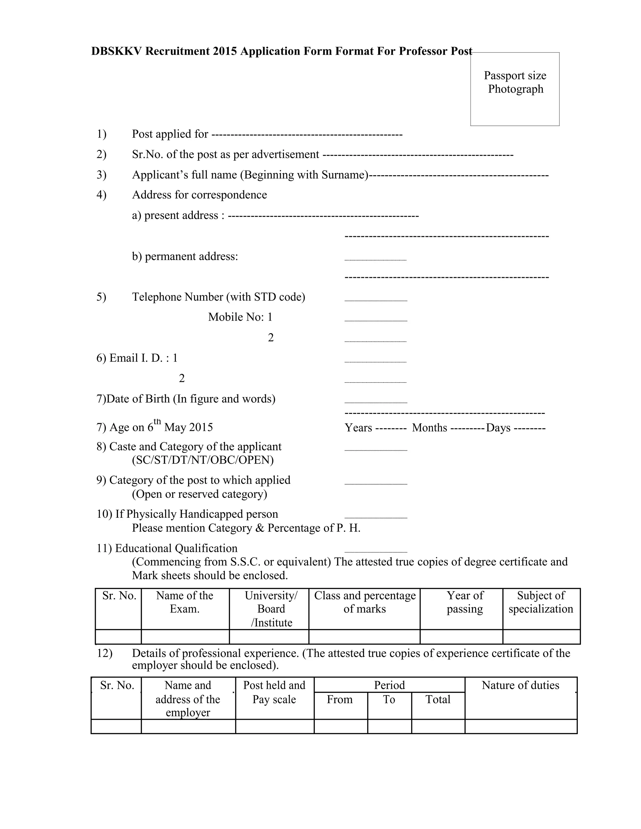 DBSKKV Recruitment 2015 Application Form Format For Professor Post | PDF
