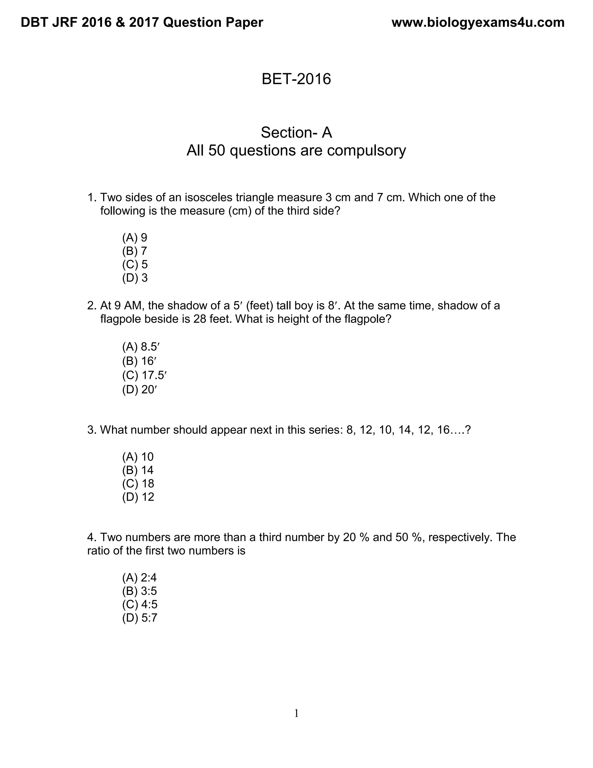 DBT BET JRF Exam Question Paper 2016 and 2017 | PDF