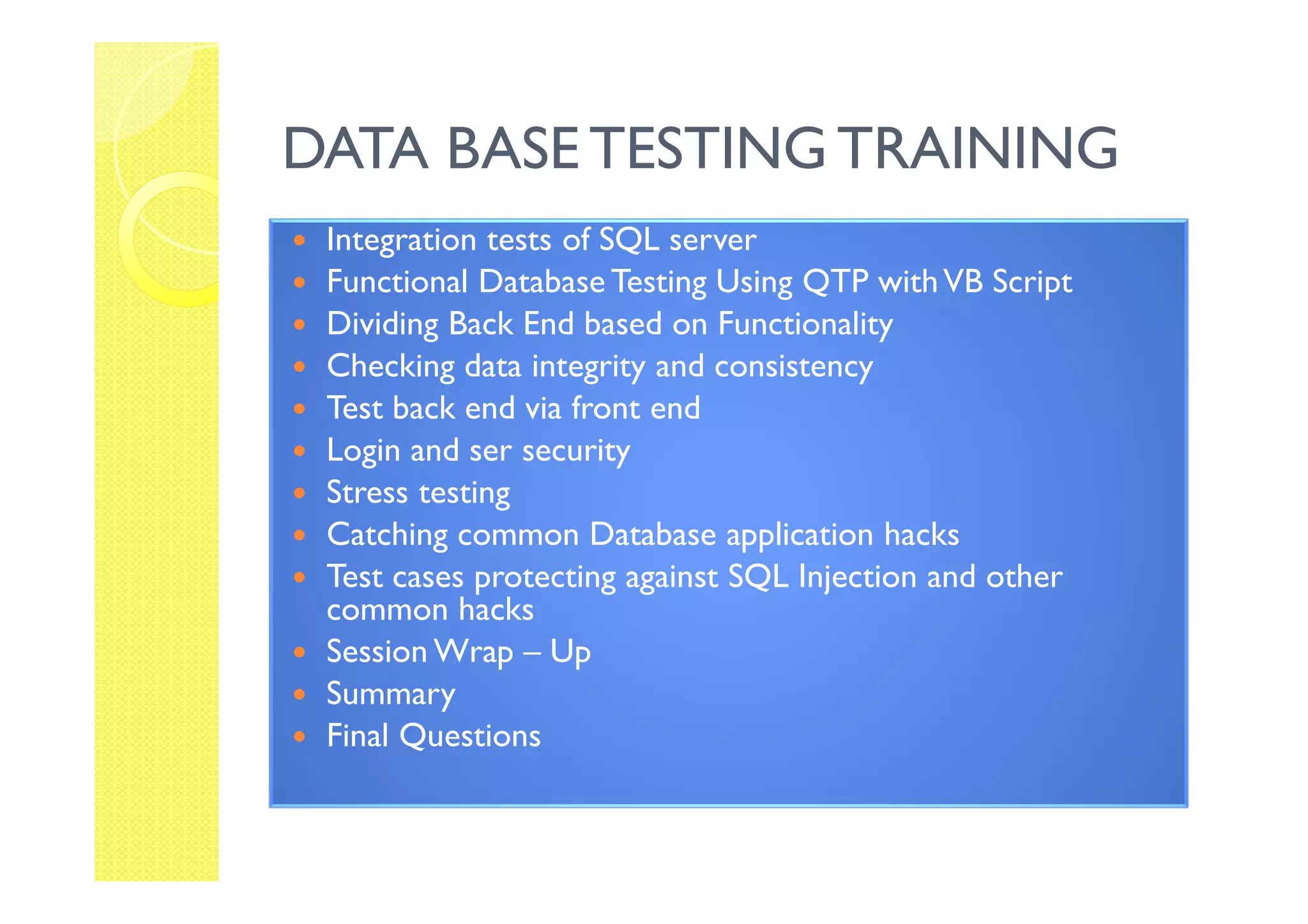 Data Base Testing Course Content | PPT
