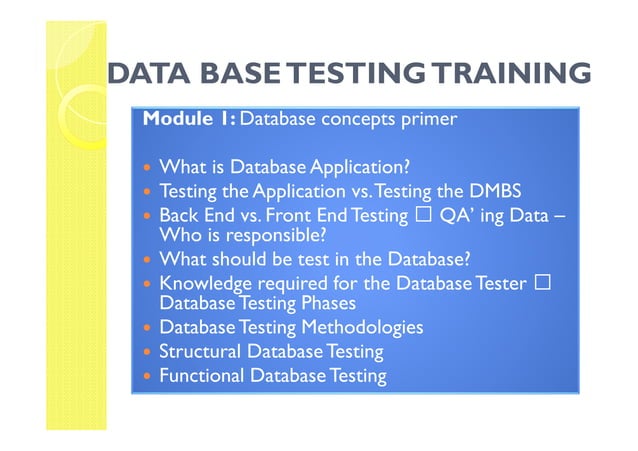 Data Base Testing Course Content | PPT