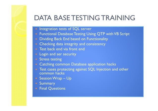 Data Base Testing Course Content | PPT