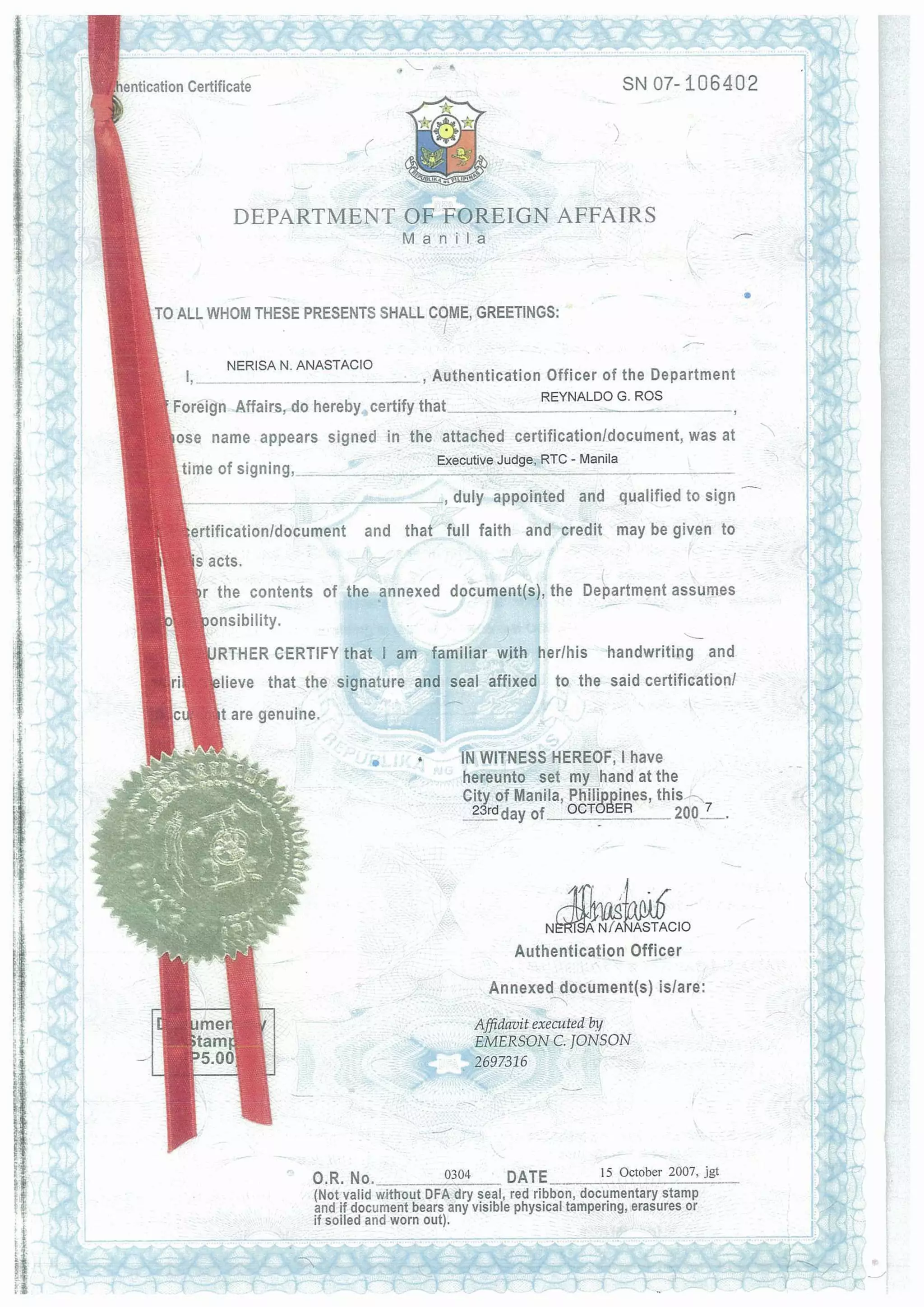 RTC Certified True Copy re Certificate of Employment Training Seminars ...
