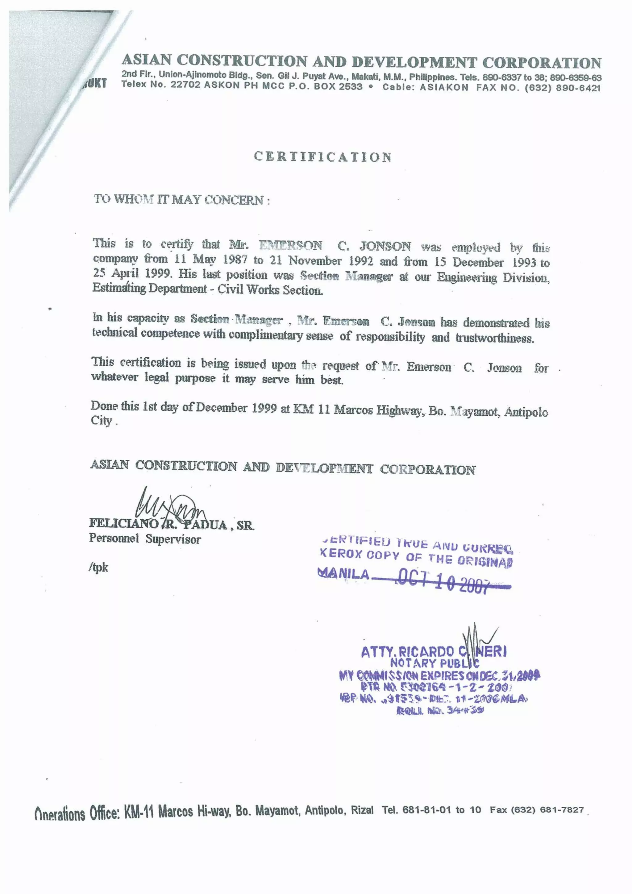 RTC Certified True Copy re Certificate of Employment Training Seminars ...