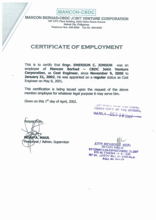 RTC Certified True Copy re Certificate of Employment Training Seminars ...