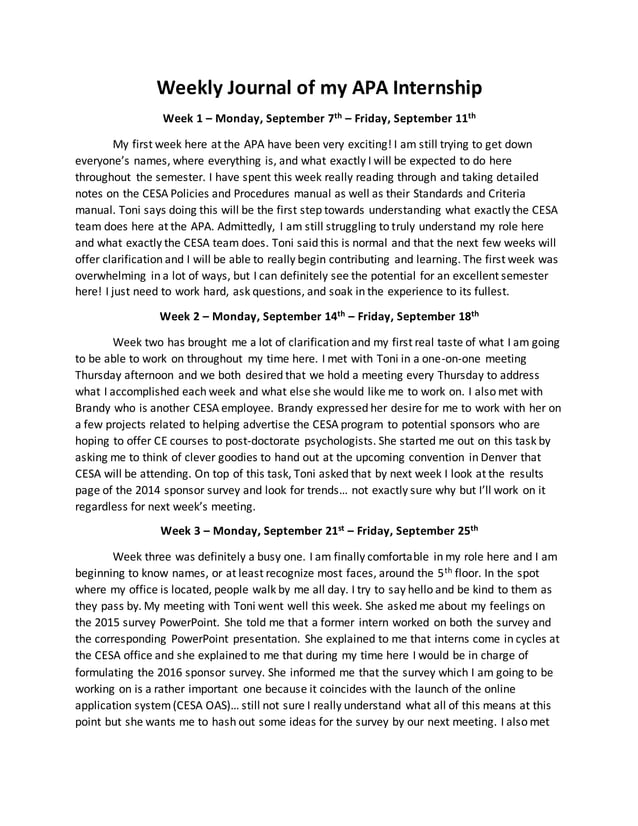 Weekly Journal of my APA Internship - Dane | PDF