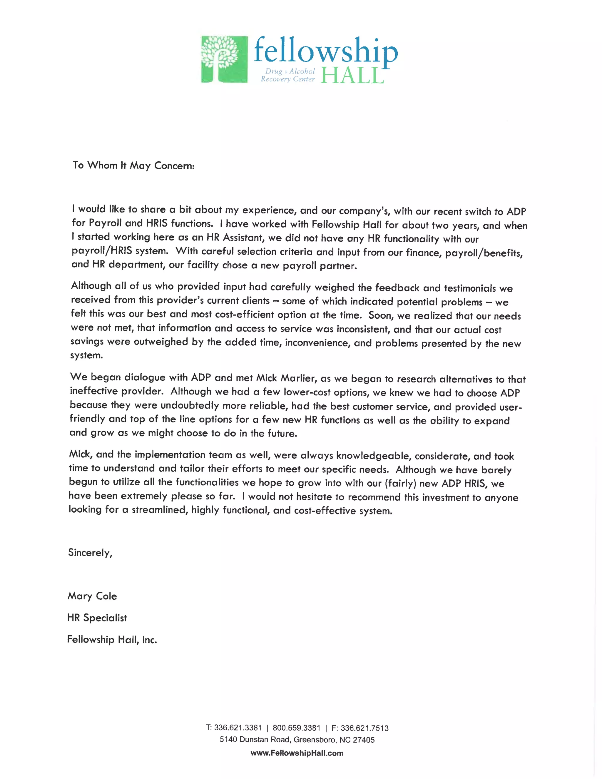 Fellowship Hall Reference Letter | PDF