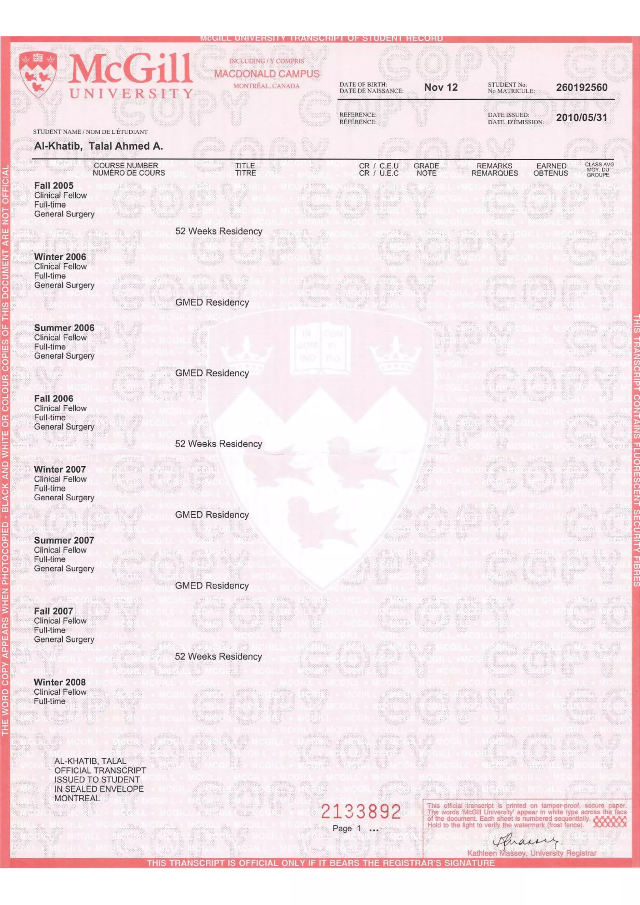 McGill transcript 1. | PDF