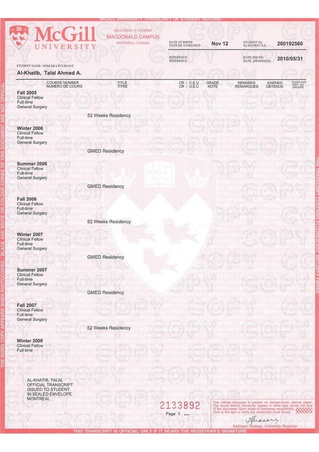 McGill transcript 1. | PDF
