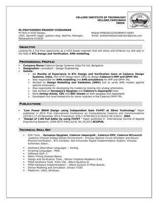 Resume_Prathamesh_VLSI_VIT_UNIVERSITY_Cadence_11Months_Exp | PDF