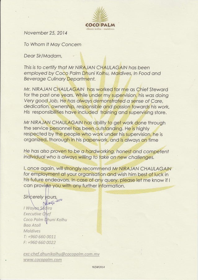 Reference Letter Executive Chef | PDF | Business | Business and Finance