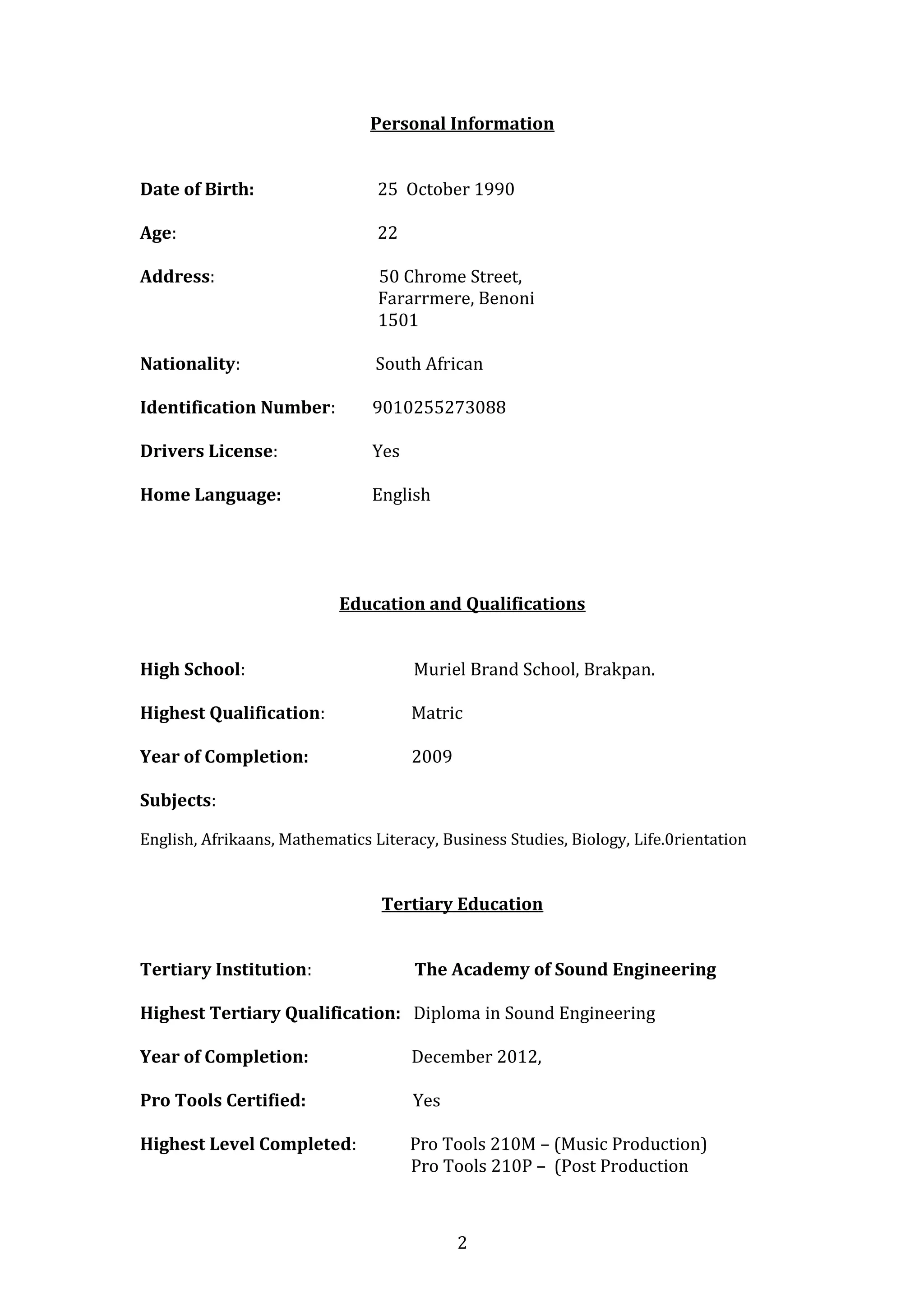 Curriculum Vitae _ Resume - Daniel Odendaal | PDF