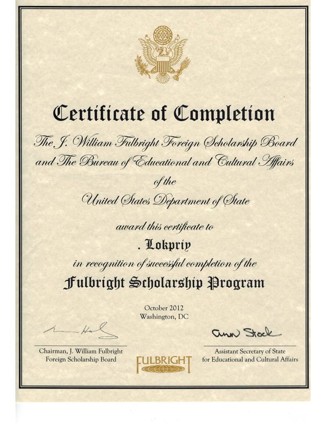 Fulbright Fellowship Certificate- Lokpriy | PDF