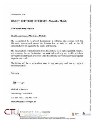 Matshidiso Mohale - Ref Letter | PDF