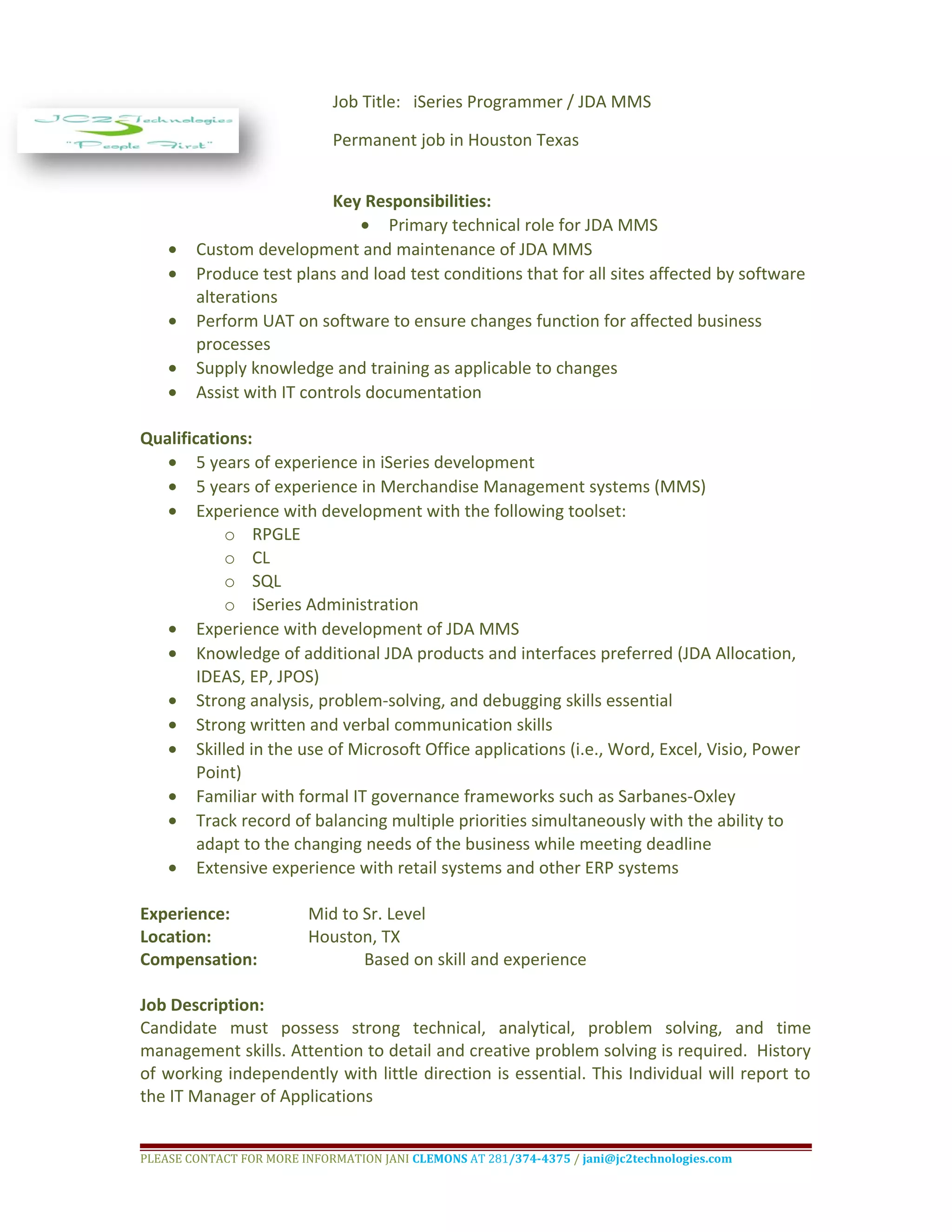 JDA MMS Programmer Analyst 150414 | DOC | Technology & Computing