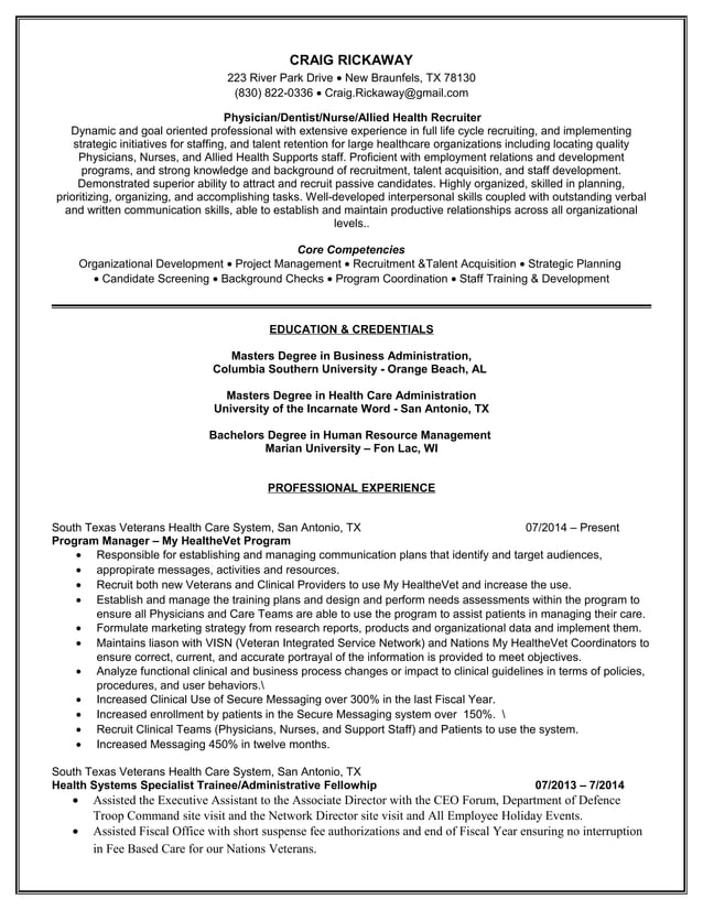 Recruiter Physician Resume Civlian Oct 16 | PDF