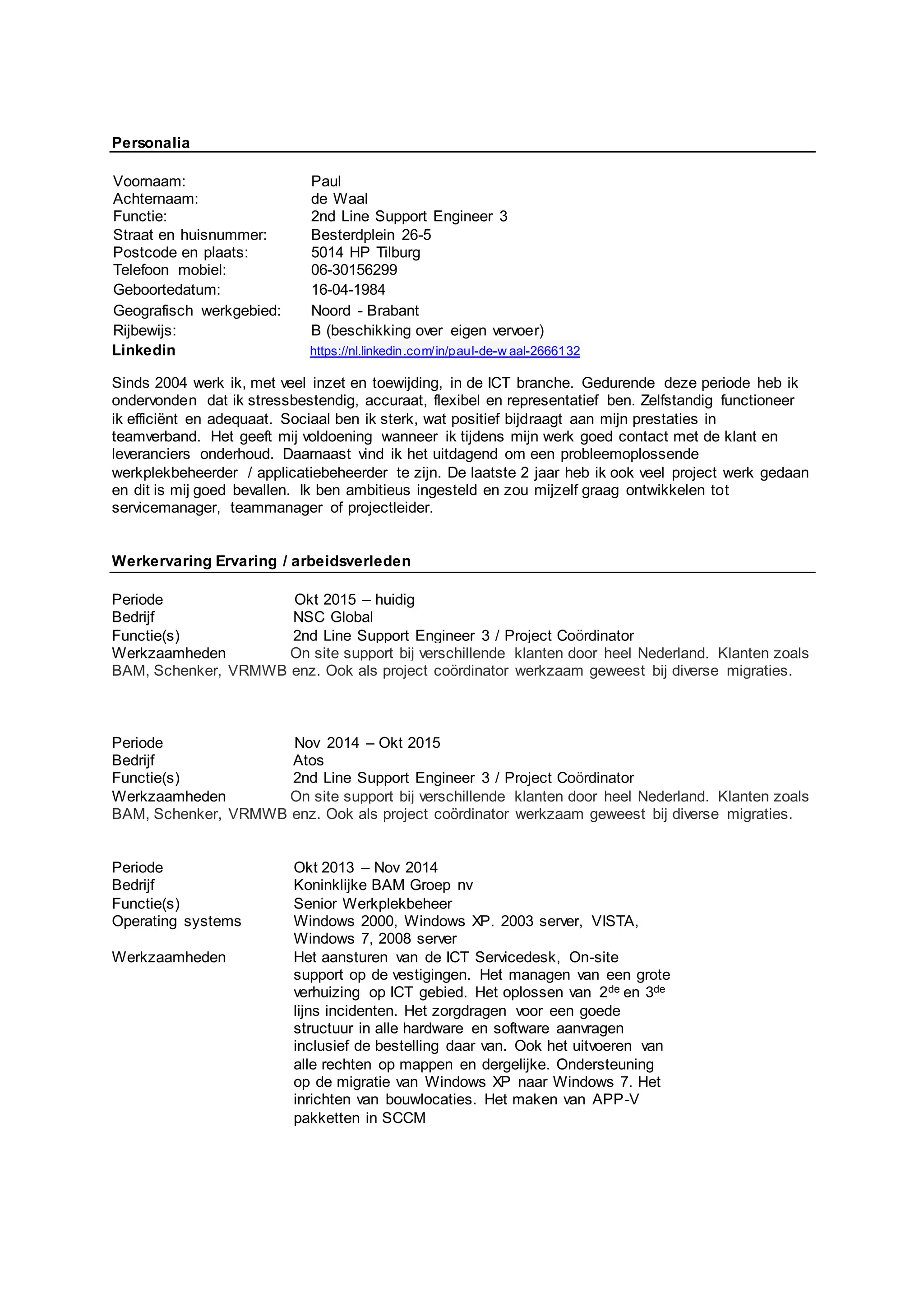 Curriculum Vitea Paul de Waal 2016 | DOCX