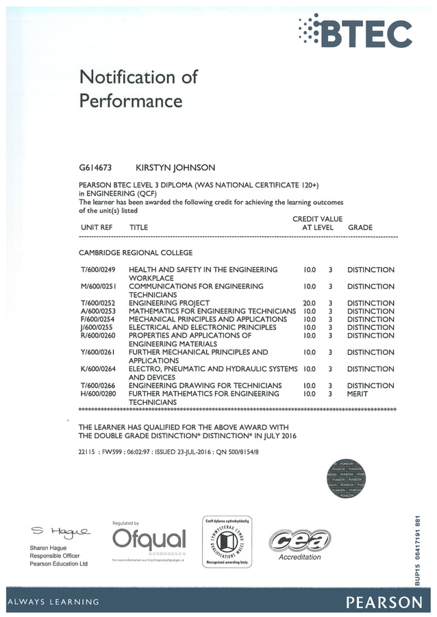 BTEC Level 3 Mechanical Engineering Certificate
