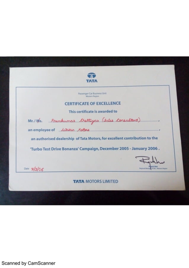 Tata Motors Appreciation Certificate | PDF