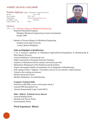 CV- Albert Aivan Laguador - (Mechanical Engineer- Equipment,Maintenance ...