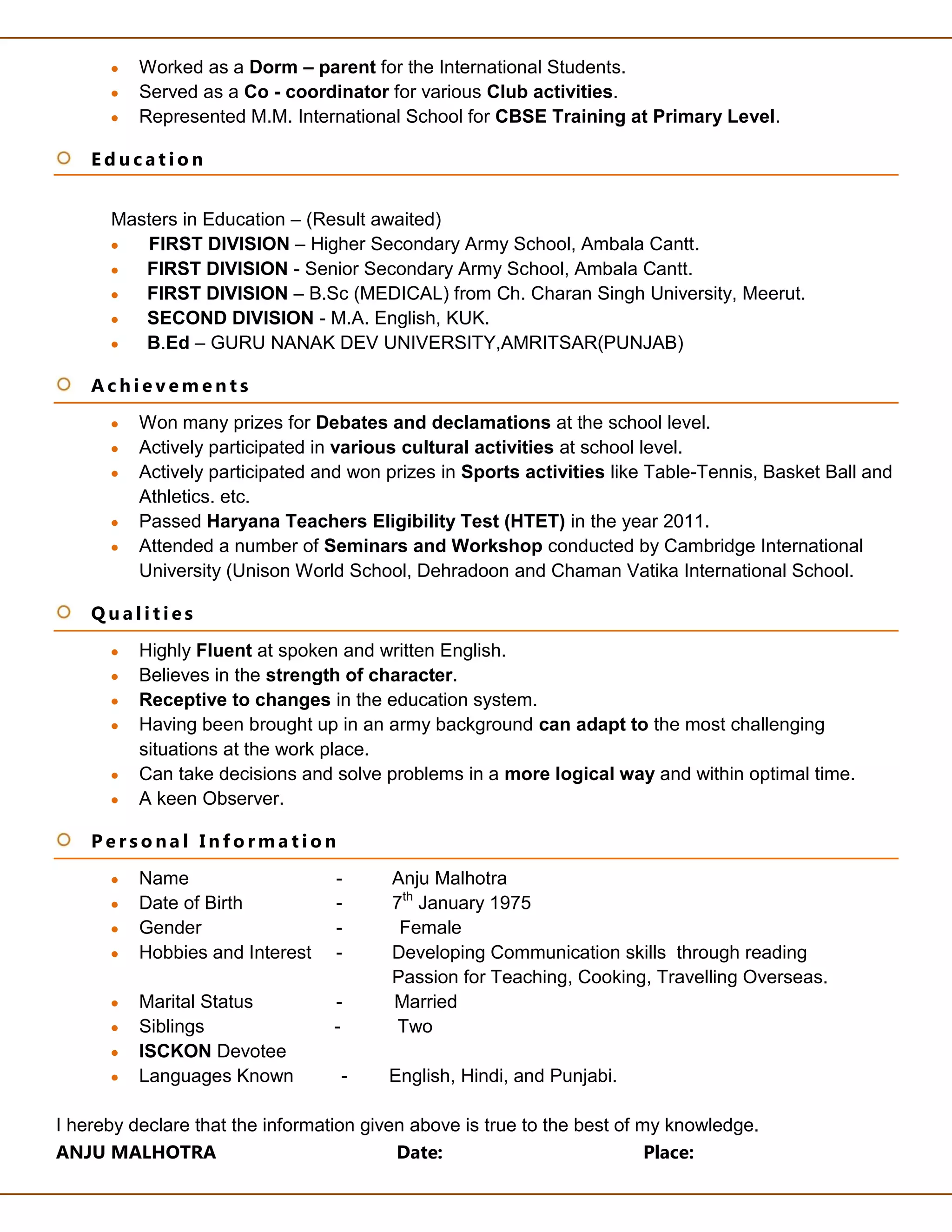 IB certified Resume | PDF