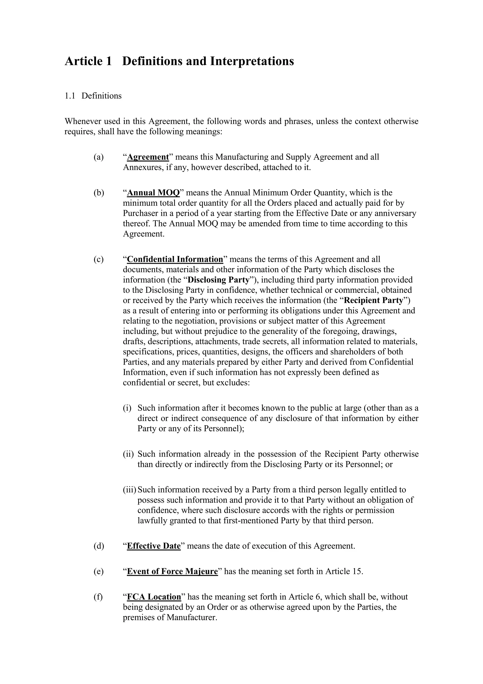 Sample Work - Manufacturing and Supply Agreement - part 1 | PDF