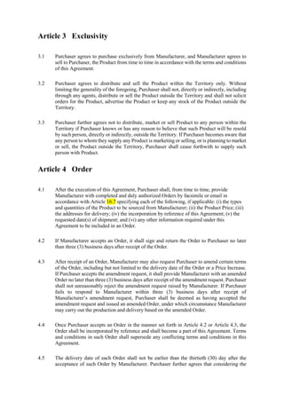 Sample Work - Manufacturing and Supply Agreement - part 1 | PDF