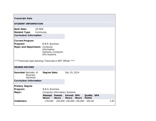 unofficial transcript | DOCX | Undergraduate Education | College Education
