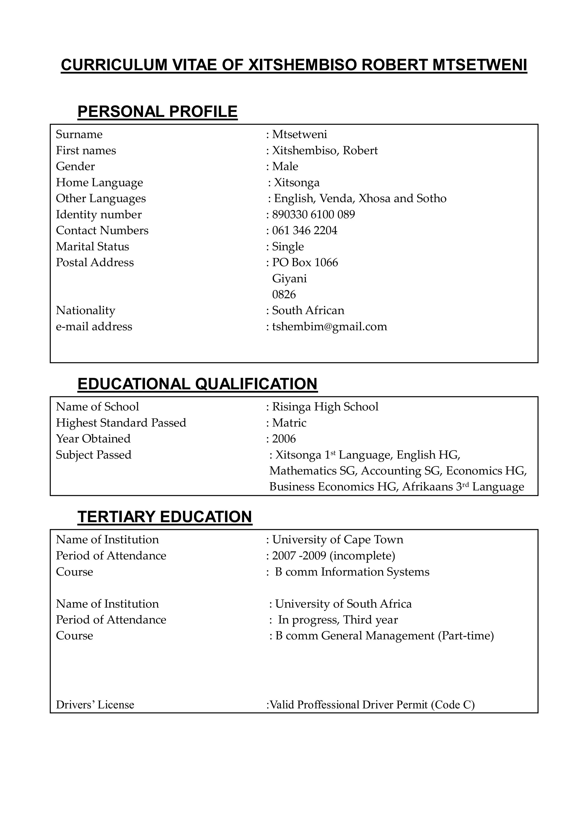 curriculum vitae of Xitshembiso | PDF
