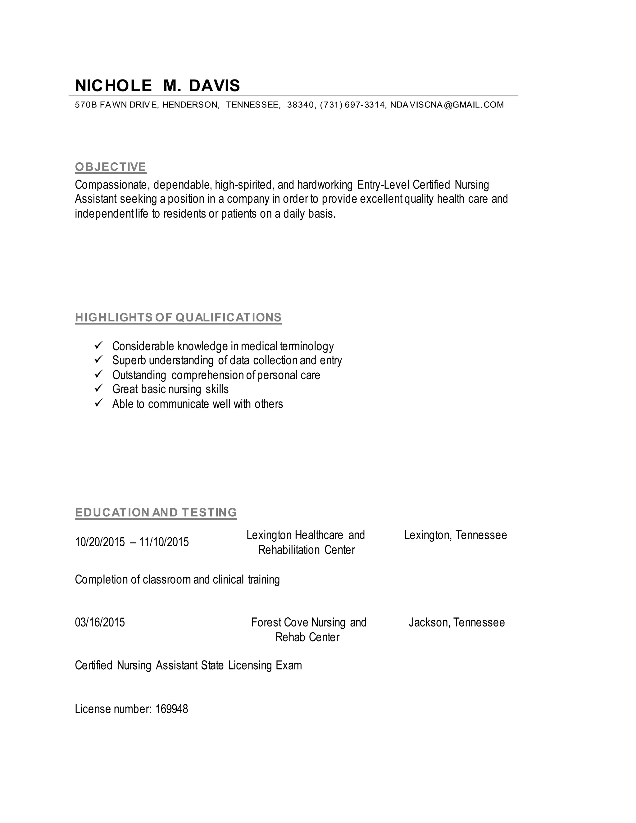 Nichole's CNA Resume | DOCX