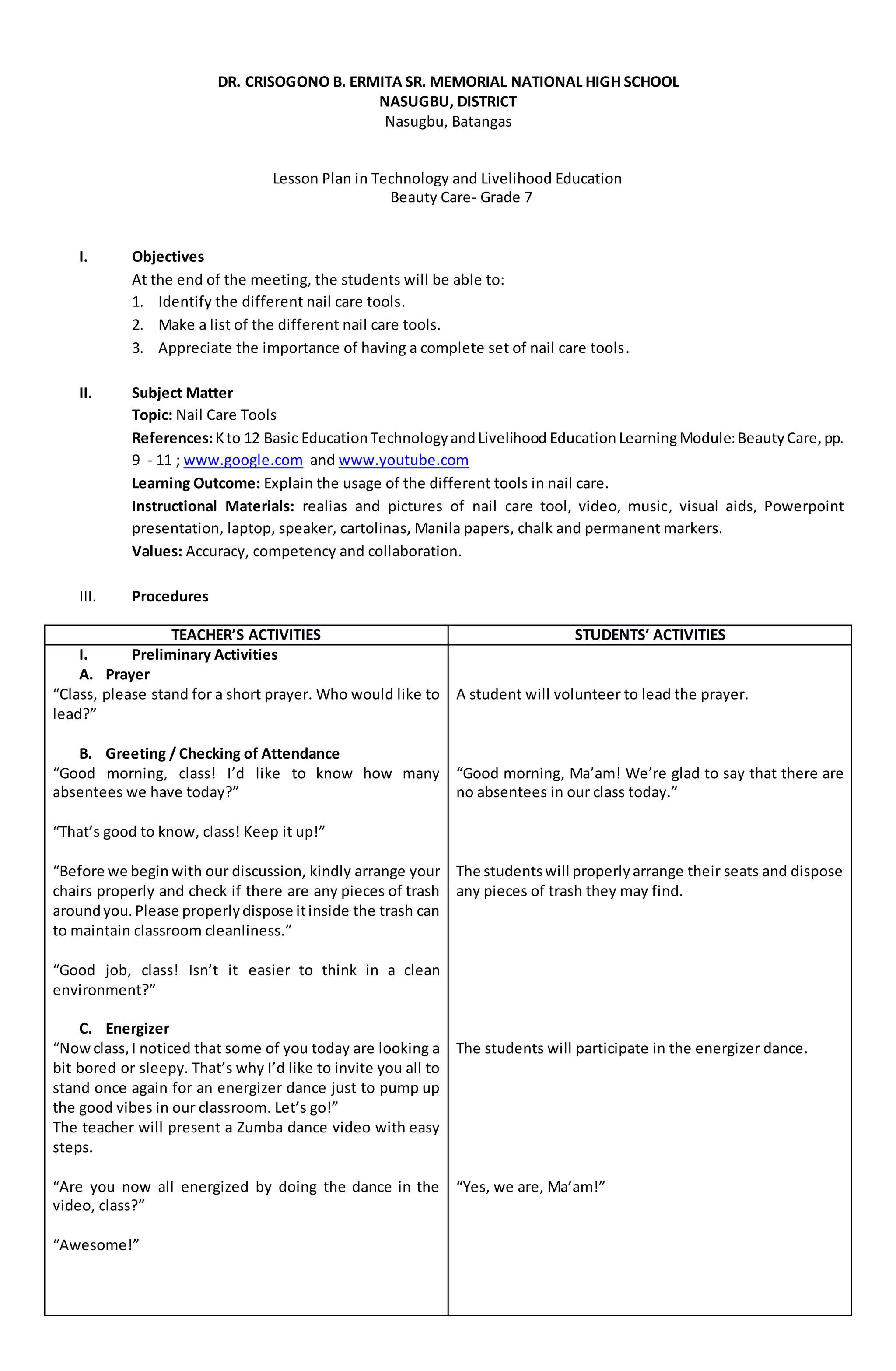 Detailed Lesson Plan inT.L.E. BEAUTY CARE: Nail Care Services - Nail ...