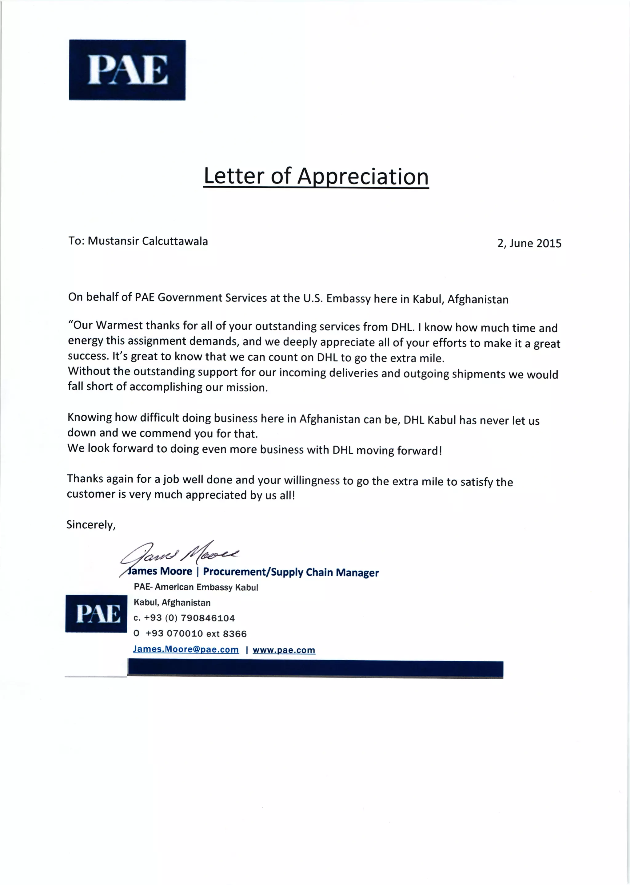 PAE- Appeciation Letter - Mustansir Calcuttawala | PDF