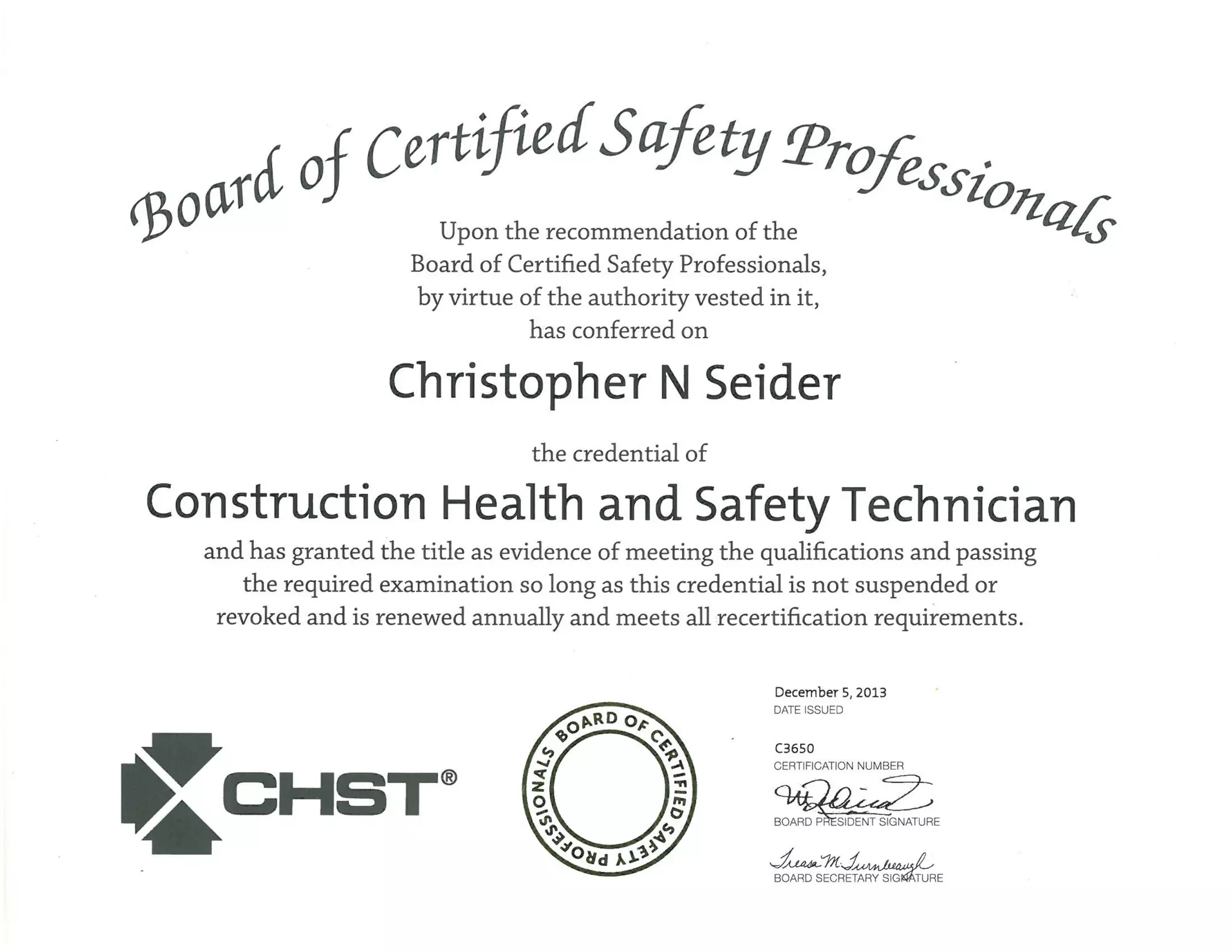 Seider CHST Certification | PDF