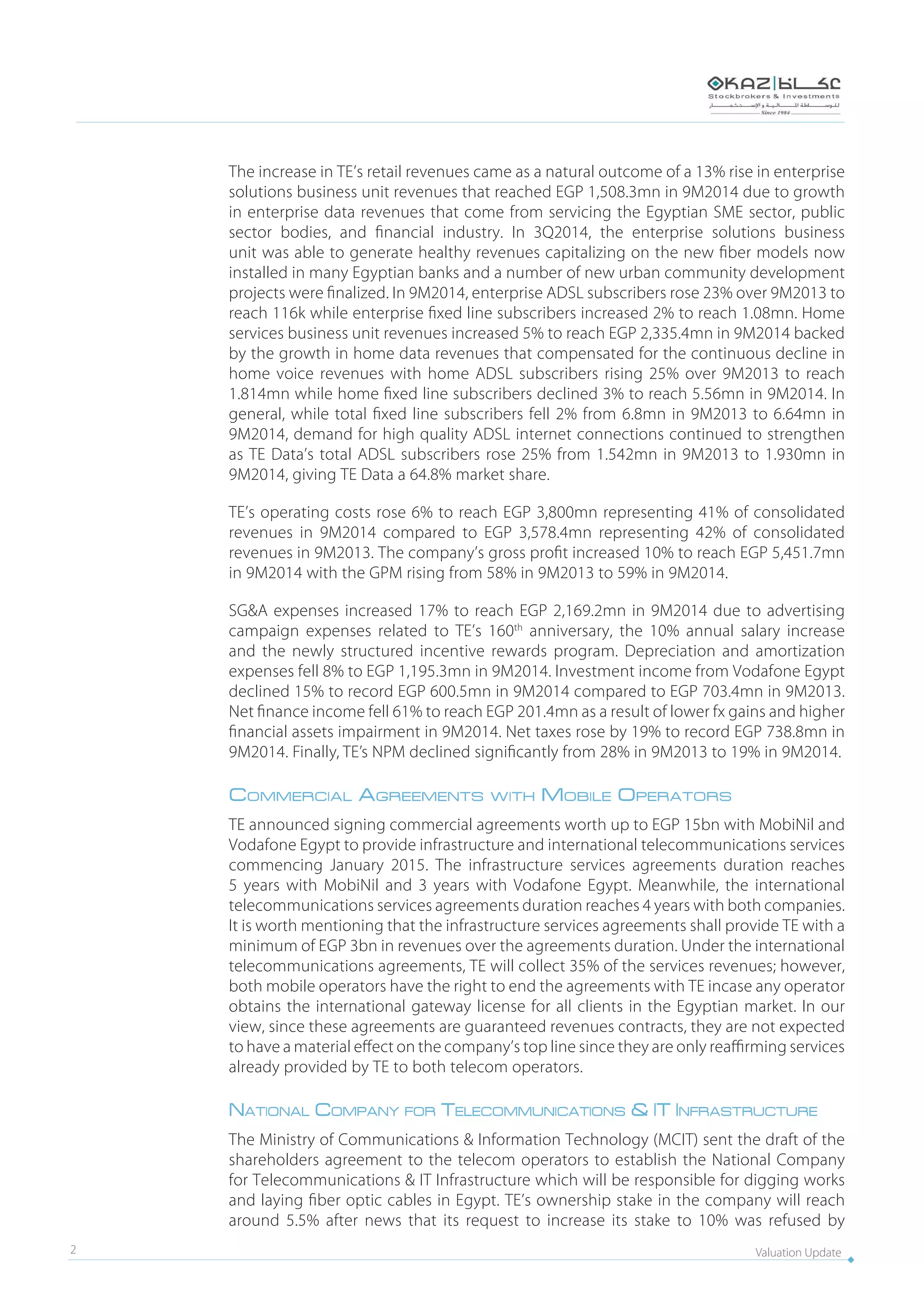 Telecom Egypt Valuation Update 9M2014 | PDF